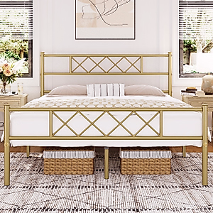 Yaheetech Queen Size Metal Platform Bed Frame Mattress Foundation with Headboard and Footboard No Box Spring Needed Under Bed Storage Steel Slats Antique Gold