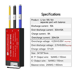 DALY Li-ion BMS 10S 36V 20A PCB Protection Board with Seperate Charge and Discharge Protection Port for DIY Electric Tools 18650 Batteries