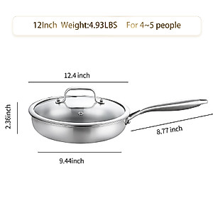 DELARLO Tri-Ply Stainless Steel Pan, 12 inch Frying Pan with Lid, Compatible with All Cooktops Up to 600℉, Fast & Even Heat, Skillet, Induction Cookware, Cooking Pan, Stir Fry Pan, Dishwasher Safe Pan