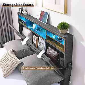 Queen Bed Frame with Tall Bookcase Headboard and Charging Station, LED Bed Frame with 2 Storage Drawers, Upholstered Mattress Foundation with Wooden Slats Support, No Box Spring Needed,Dark Grey