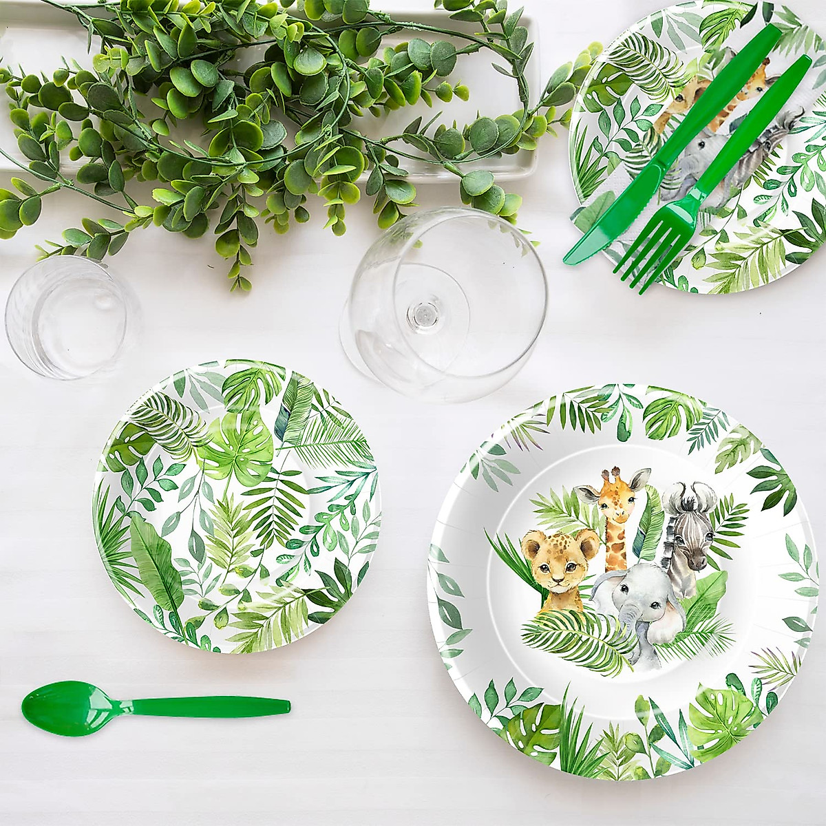 HIPVVILD Safari Birthday Decorations Tableware - Jungle Theme Party Supplies Include Plates, Cups, Napkin, Cutlery, Tablecloth, Straws, Animal Safari Jungle Birthday Baby Shower Decorations | Serve 24