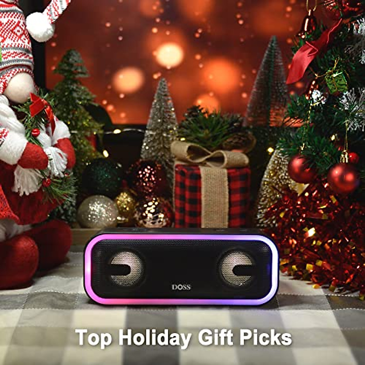Bluetooth Speaker, DOSS SoundBox Pro+ Wireless Speaker with 24W Stereo Sound, Punchy Bass, IPX6 Waterproof, 15Hrs Playtime, Wireless Stereo Pairing, Multi-Colors Lights, Speaker for Home,Outdoor-Black