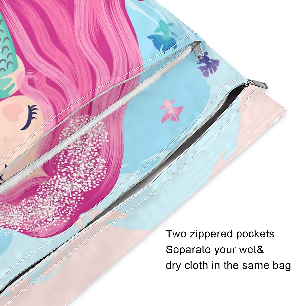 Qilmy 2pcs Mermaid Cloth Diaper Wet Dry Bag Waterproof Reusable Wet Dry Organizer with Zipper for Travel, Beach, Pool, Diapers, Gym Clothes, Wet Swimsuits
