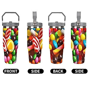 30oz Stainless Steel Insulated Tumbler with Flip Lid & Straw, Leakproof Travel Mug for Car, Colorful Candy Double Wall Vacuum Thermal Coffee Cup with Handle, Spill-Proof Design for Hot/Cold Drinks