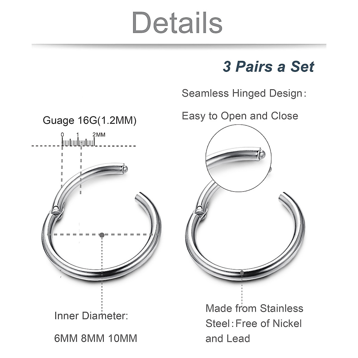 THUNARAZ 3 Pair Stainless Steel 16G Sleeper Earrings Septum Clicker Lip Nose Ring Body Piercing Silver-tone