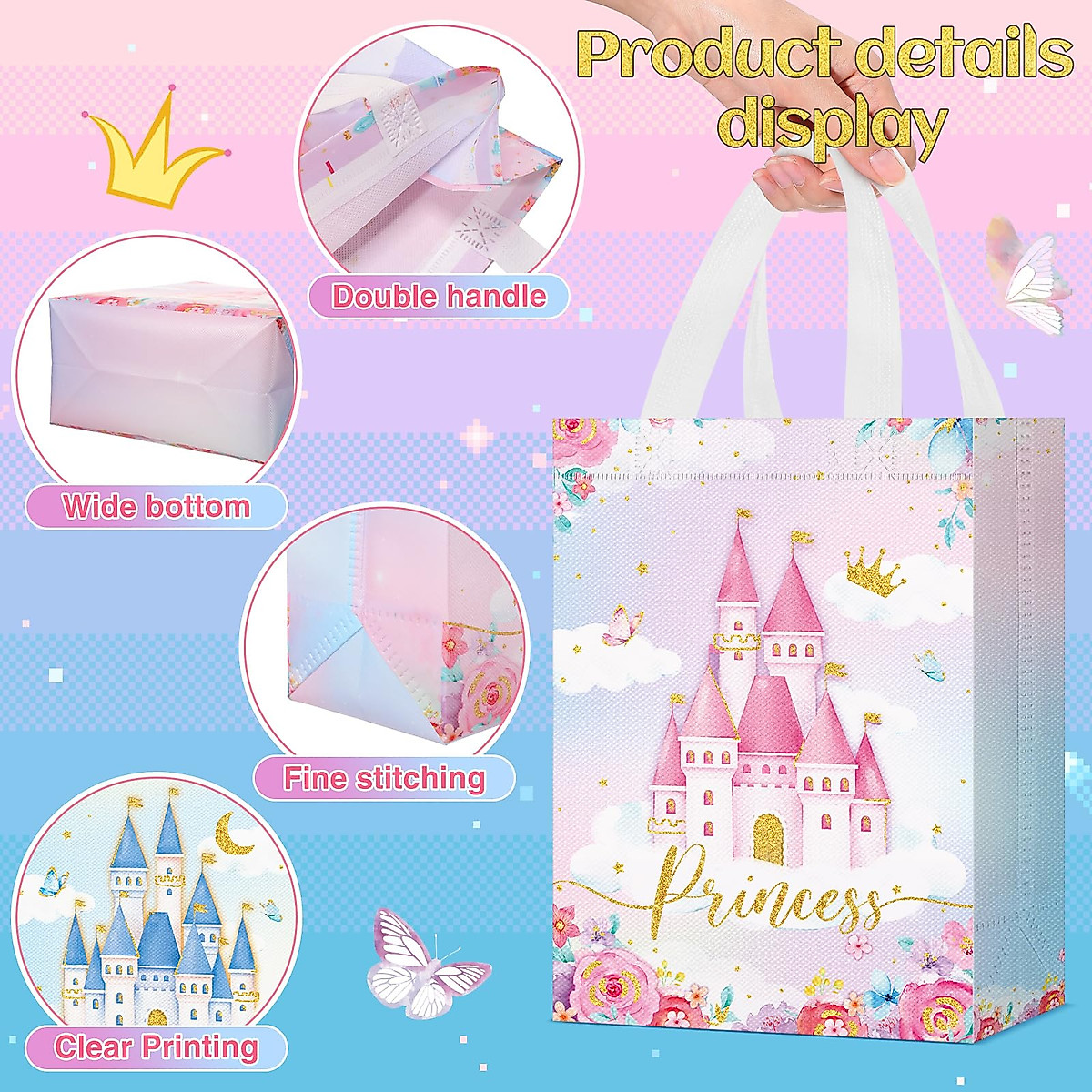 Locmeo 24 Pcs Prince and Princess Party Favor Bags with Handles Reusable Non Woven Castle Candy Goodie Bags Treat Blue Prince Pink Princess Gift Bag for Girl Boy Birthday Baby Shower, 8 x 4 x 10 Inch