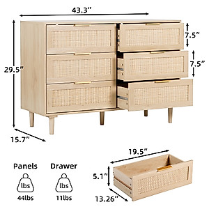 FUQARHY Rattan Dresser for Bedroom, Modern 6 Drawer Double Dresser with Gold Handles, Wood Storage Chest of Drawers fo Bedroom,Living Room,Hallway (Natural)