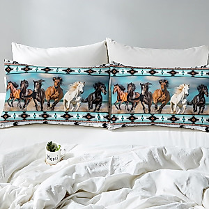 Aztec Duvet Cover African Tribal Horse Printed Bedding Set,Farm Animals Comforter Cover Ethnic Tribe Arrow Dream Catcher Queen Bed Set,Southwest Native Exotic Nordic Style Room Decor