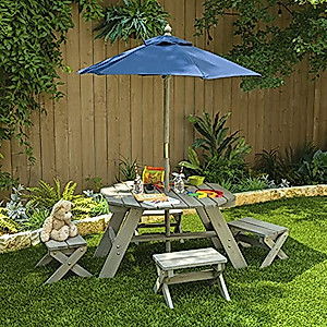 KidKraft Wooden Octagon Table, Stools & Umbrella Set, Kids’ Outdoor Furniture, Barnwood Gray & Navy