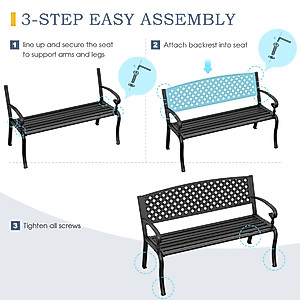 VICLLAX Outdoor Garden Bench, 50” Long Metal Patio Bench with Backrest and Armrests, Modern Slatted Black Park Bench for Front Porch, Lawn, Yard, Garden, Crossed Rhombic Back