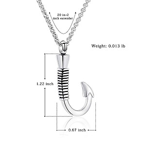 Hearbeingt Fish Hook Cremation Jewelry for Ashes, Memorial Urn Necklace for Human Pet Stainless Steel Keepsake Pendant for Men Women(Silver)