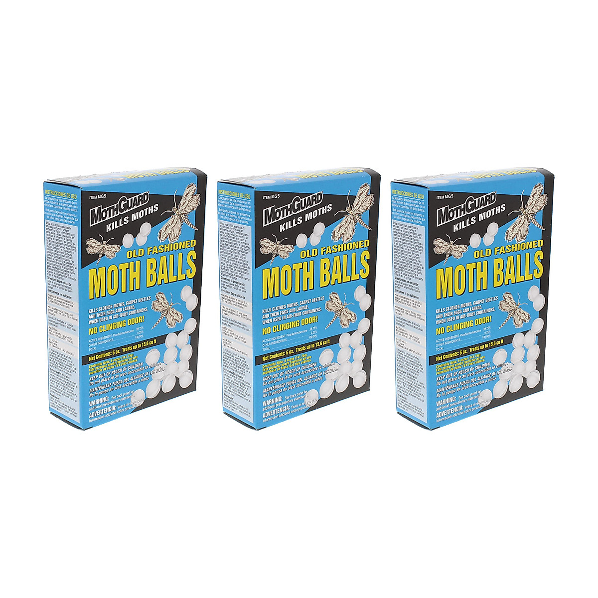 MothGuard MG53PK MG3 Old-Fashioned Cedar Scent, EPA Registered, 5Oz Box of Mothballs-Kills Moths, Carpet Beetles, Repellent Closet Clothes Protector, No Clinging Odor (3-Pack), White