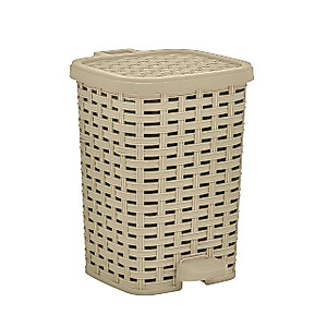 Superio Rattan Compact Trash Bin 6 Liter, Beige and Brown - Wicker Trash Can with Pedal Step On Lid