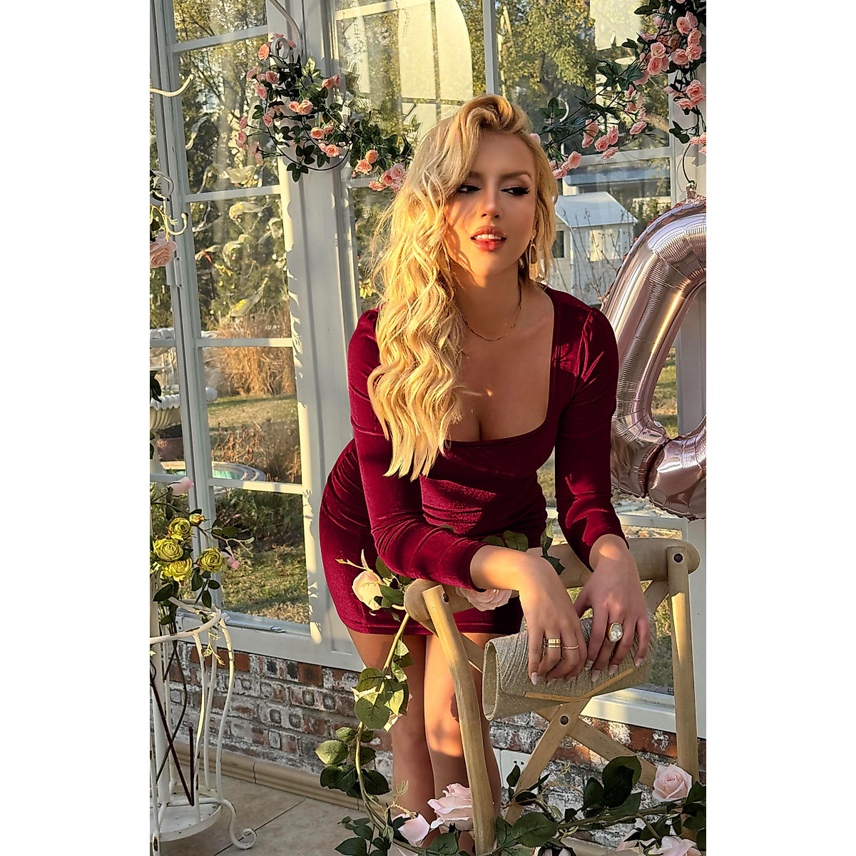 GOBLES Womens Sexy Velvet Long Sleeve Bodycon Elegant Mini Party Dress Wine Red