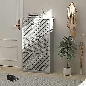 AIEGLE Shoe Storage Cabinet with 3 Flip Drawers for Entryway, Freestanding Shoe Rack Shoe Organiazer with Tipping Bucket & Removable Shelf, Grey (22.4" W x 9.4" D x 42.3" H)