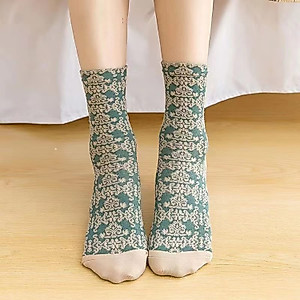 Oaiyeie 5 Pairs Womens Floral Cotton Socks,Floral Retro Style Novelty Cotton Socks,Winter Thickened Warm Women Vintage Socks (B)
