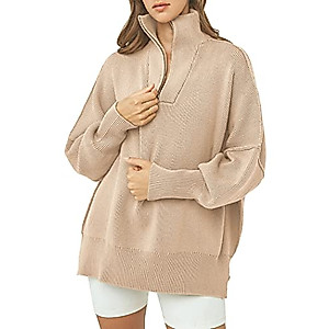 PRETTYGARDEN Women's 2023 Fall Pullover Oversized Sweaters Casual Long Sleeve Zip Up Collared Winter Tops Blouse (Apricot,Small)
