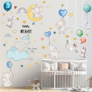 3Sets Cartoon Elephant Rabbit Wall Decals, HOLENGS Cute Balloons Flying Animals Wall Stickers, Stars Removable DIY Wall Decor for Kids Girls Baby Bedroom Classroom Nursery Home Decoration