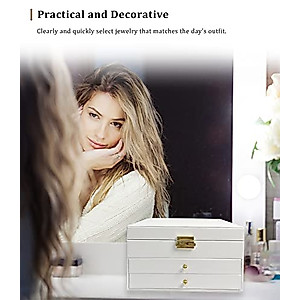 Jewelry Box Organizer for Women Girls, 3 Layer White PU Leather Jewelry Storage Case with 2 Removable Drawers, Mirror, Key Lock and 4 Pcs Jewelry Bags for Rings, Earrings, Necklace, Bracelet