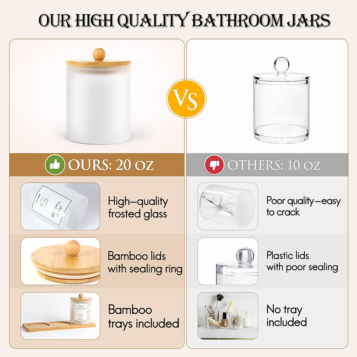 20 oz Glass Qtip Holder Dispenser with Bamboo Lids and Tray, 3 Pack Bathroom Organizers and Storage Bathroom Decor Farmhouse Decor, Apothecary Jars for Cotton Swab, Cotton Ball, Cotton Pads and Floss