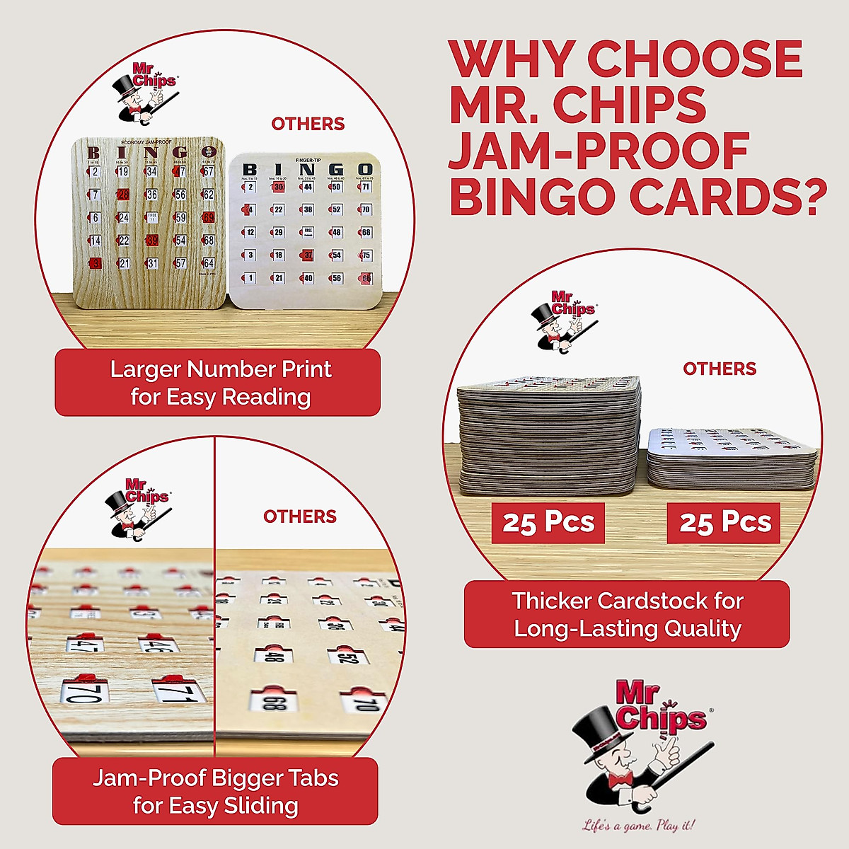 MR CHIPS Jam-Proof Fingertip Slide Bingo Cards with Sliding Windows - 50 Pack in Tan Style