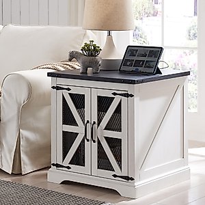 ACCOHOHO 24" Farmhouse End Table - Wood Large Sofa Side Table with Charging Station, Mesh Barn Door, and Adjustable Storage Shelf, Rustic Square Nightstand for Living Room, Bedroom, Antique White