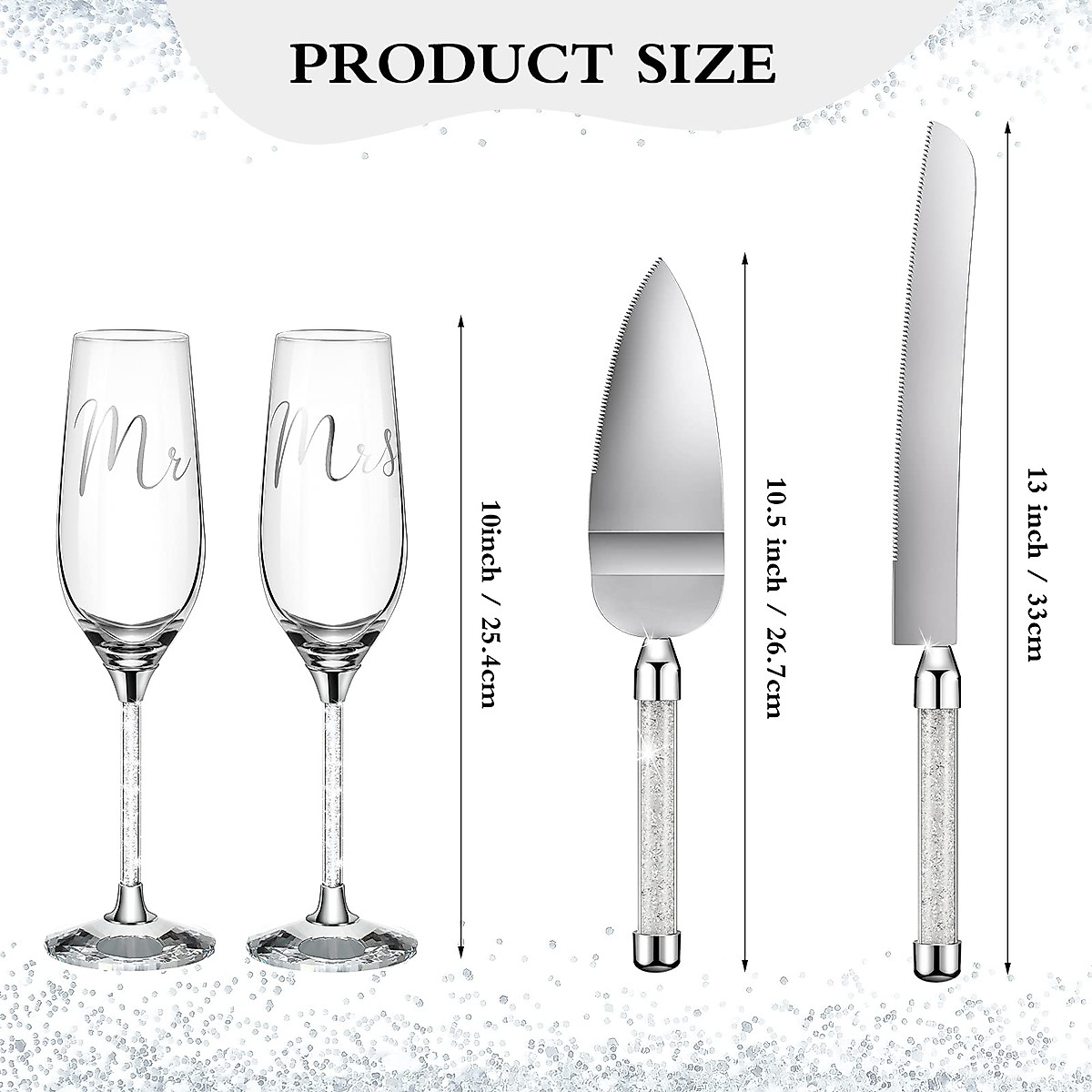Boao 4 Piece Wedding Toasting Flutes and Cake Server Set Wedding Reception Supplies Champagne Glasses Cake Knife Pie Server (White Diamond, Simple)