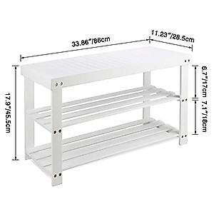 SMIBUY Bamboo Shoe Rack Bench, 3-Tier Shoe Organizer Storage Shelf for Entryway Hallway Bathroom Living Room (White)