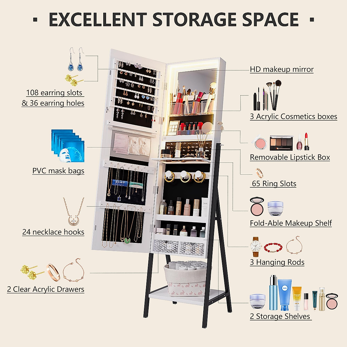jajov 47.2" LED Jewelry Cabinet Armoire, Standing Mirror with Jewelry Storage, Jewelry Organizer Armoire with Full Length Mirror, Lockable Jewelry Mirror Cabinet (White)