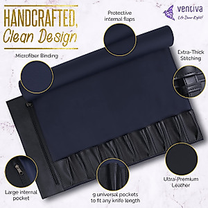 Ventiva - Black Leather Knife Roll Storage Bag, 9 Pockets w/ Large Utility Pocket, Adjustable/Detachable Shoulder Strap, Travel-Friendly and Durable