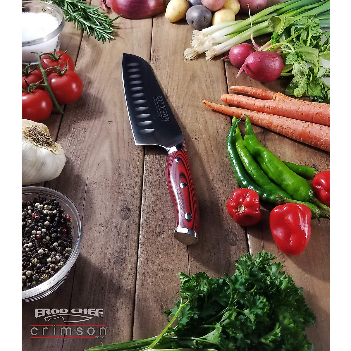 Ergo Chef Crimson Series 7" Santoku Japanese Chef Knife Forged High Carbon X50CrMoV15 German Stainless Steel - Hollow Ground Blade - G10 Handle
