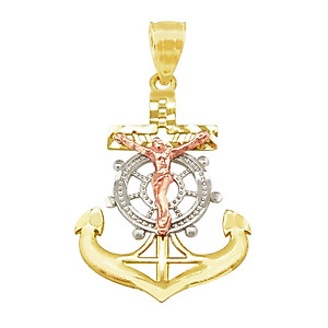 AMZ Jewelry 10K Tri Tone Gold Mariners Anchor Charm Cross Pendant