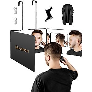 JUSRON 3 Way Mirror for Hair Cutting, 360 Mirror with Height Adjustable Hooks for Door, Bathroom, Portable Trifold Shaving Barber Mirror for Makeup, Cut, Trim (Black Without LED)
