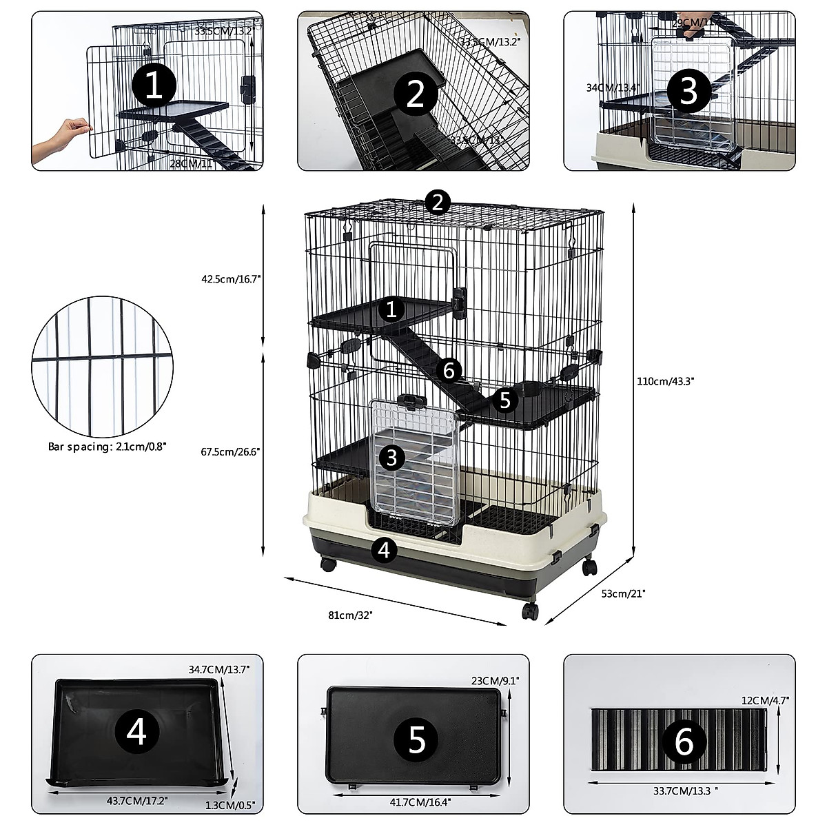 4-Tier 32" Small Animal Cage Metal,Chinchilla Cage Large,Hamster Cage Large,Squirrel Cage,Ferret Cage,Pet Rat Cage,Large Rat Cage,Height Adjustable with Lockable Casters Grilles Pull-Out Tray(Black)