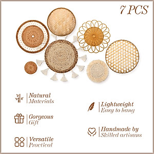 Set of 7 Wall Basket Decor Boho Wall Hanging Decor Rattan Wall Decor Flat Round Woven Macrame Tassels White Tapestry Bamboo Wall Basket Serving Tray Art Handmade Set for Room Bedroom Living Room