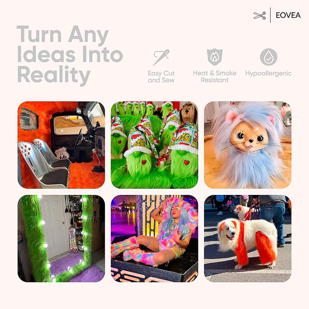 EOVEA Shaggy Faux Fur Fabric by The Yard - 36" X 60" Inch Wide - Fluffy Fur Fabric- Plush Furry Materials - Fuzzy Craft Supply for DIY, Halloween, Upholstery, Costume, Sewing(White, One Yard)