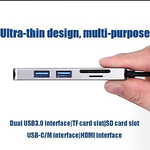 XUNMAIFHB Portable Docking Station,Type-c Expansion Dock USB-C to HDMI Converter hub Splitter USB3.0 Card Reader TF+SD Card Five in one 4K Fast Transmission, Silver