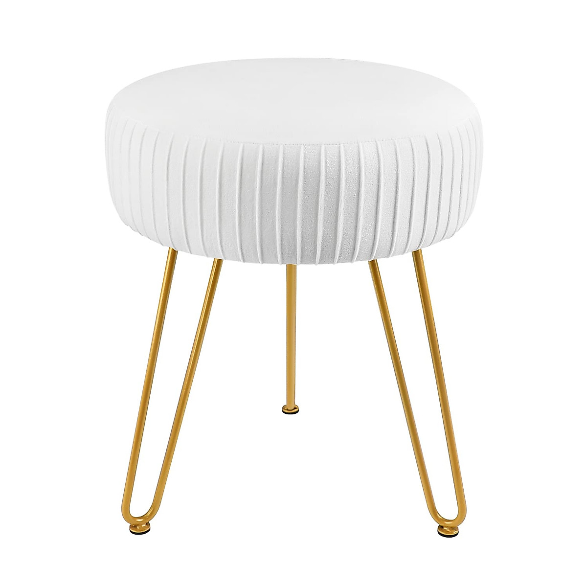 TOUCH-RICH Stripe Velvet Vanity Chair Round Ottoman,Upholstered Vanity Makeup Footstool Side Table Dressing Chair with Golden Metal Legs (Beige, Round-Normal)