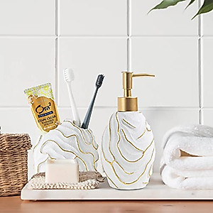 Ethlomoer Bathroom Accessory Set, 4 Pieces White&Gold Bathroom Accessories with Soap Dispenser and Toothbrush Holder Set, Boho Bathroom Accessories, Gift for Women and Men