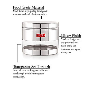 HAZEL Stainless Steel Containers Set For Kitchen Storage Transparent See Through Glossy Finish Storage Jars Dabba, Set of 5, 2000 ML Each, Silver