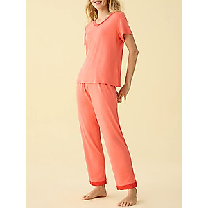 Latuza Women's V-neck Sleepwear Short Sleeves Top with Pants Pajama Set 2X Coral