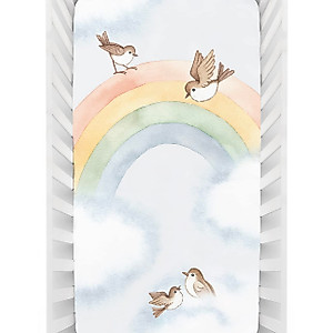 Rookie Humans 100% Cotton Sateen Fitted Crib Sheet: Rainbow and Birds. Modern Nursery, Use as a Photo Background for Your Baby Pictures. Standard Crib Size (52 x 28 inches)