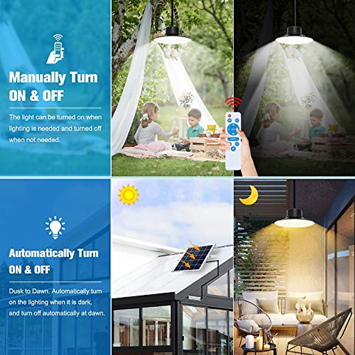 NIORSUN Solar Lights Outdoor, LED Solar Pendant Light 3000K|4000K|5000K| Dimmable Lighting with Remote Control, 16.4ft Cable IP66 Waterproof for Patio, Garage, Camp, Chicken Coop, Shed Barn