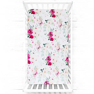 Girl Crib Sheet and Changing Pad Cover, Floral Nursery Bedding, Flower Sheets for Baby Toddler Mattress