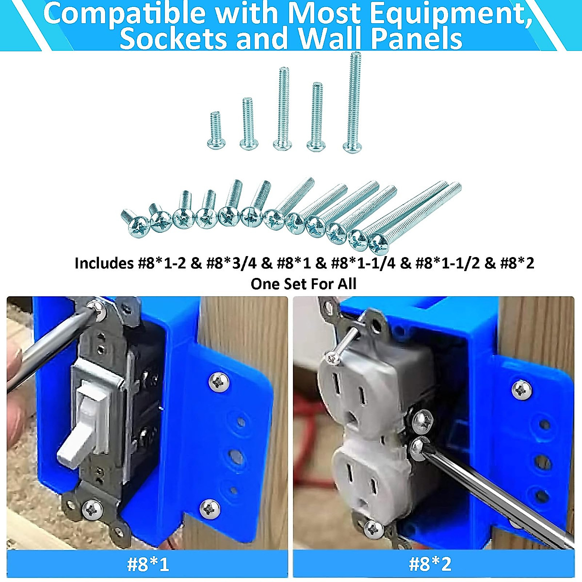 T.K.Excellent #8x1/2 to #8x2 Machine Screws Assortment Kit Electrical Outlet Screws Fully Threaded Phillips Drive, 370 Pcs