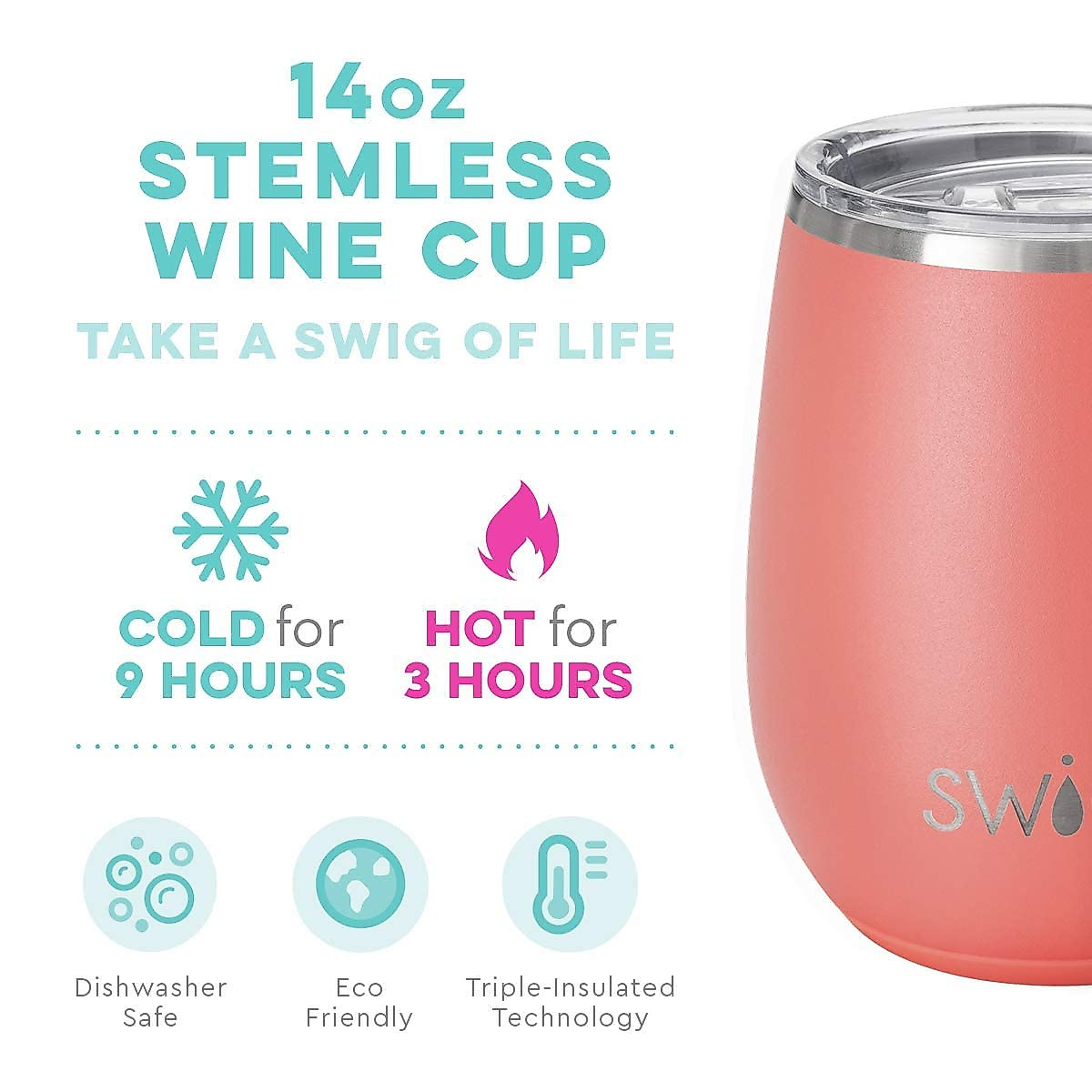 Swig Life Matte Coral AM+PM Gift Set, Includes (1) 18oz Travel Mug + (1) 14oz Stemless Wine Tumbler, Triple Insulated, Stainless Steel, and Dishwasher Safe