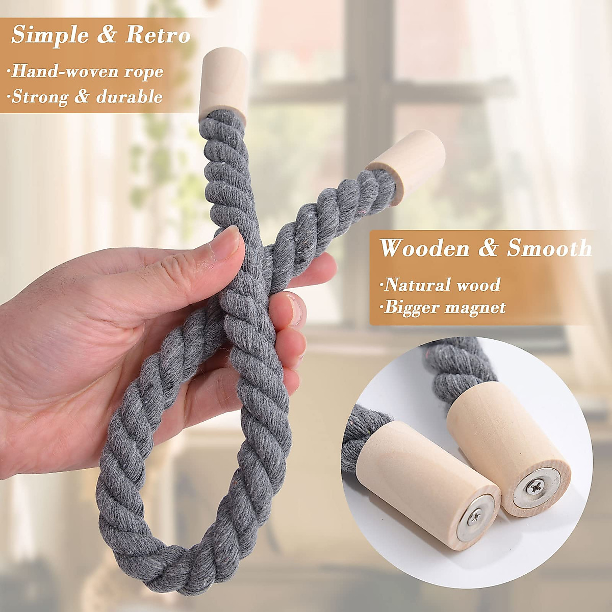 NICEEC 2 Pack Wooden Magnetic Curtain Tiebacks Boho Home Decoration Drape Tie Backs Natural Cotton Handmade Rope Curtain Holdbacks for Thin or Thick Home & Office Window Drapery (Grey)
