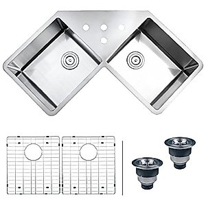 Ruvati RVH8400 Undermount Corner Kitchen Sink 16 Gauge 44" Double Bowl, Stainless Steel
