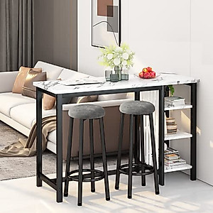 AWQM Bar Table Set with Storage Shelves, 47" Modern White Faux Marble Breakfast Table with 2 Velvet Stools, 3-Piece Dining Set for 2, Space Saving Table for Kitchen/Dinning Room/Living Room/Studio