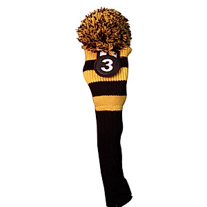 Majek #3 & #4 Hybrid Combo Pack Rescue Utility Black & Yellow Golf Headcover Knit Pom Pom Retro Classic Vintage Head Cover